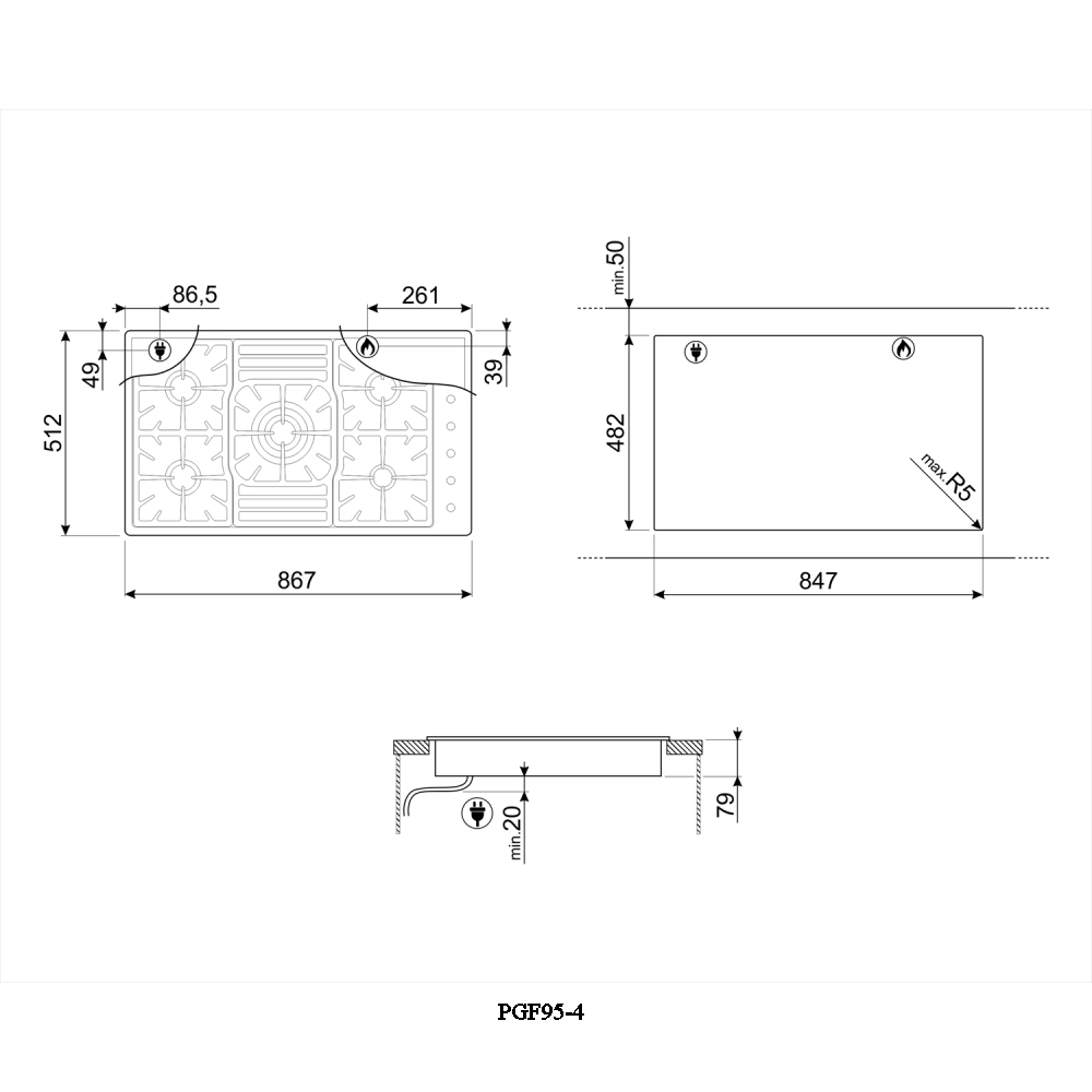 Smeg PGF95-4 90cm Ultra Low Profile Gas Hob - STAINLESS STEEL ...
